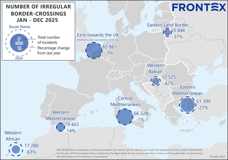 Frontex: Irregular border crossings decreased by 26% in 2025